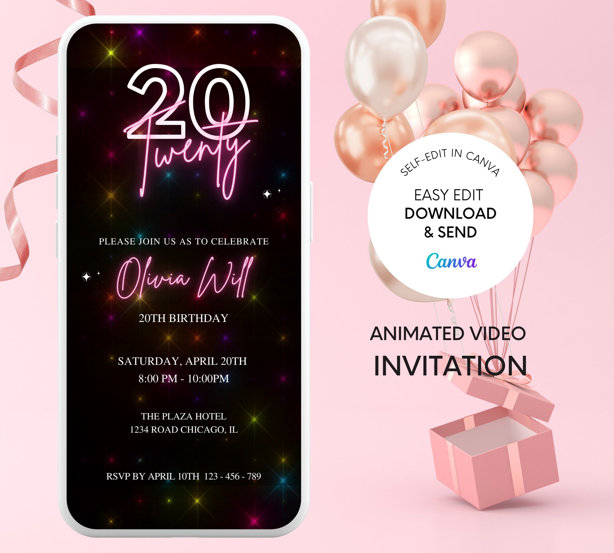 20th Birthday Brunch Video Invitation, Electronic Invite, Birthday ...