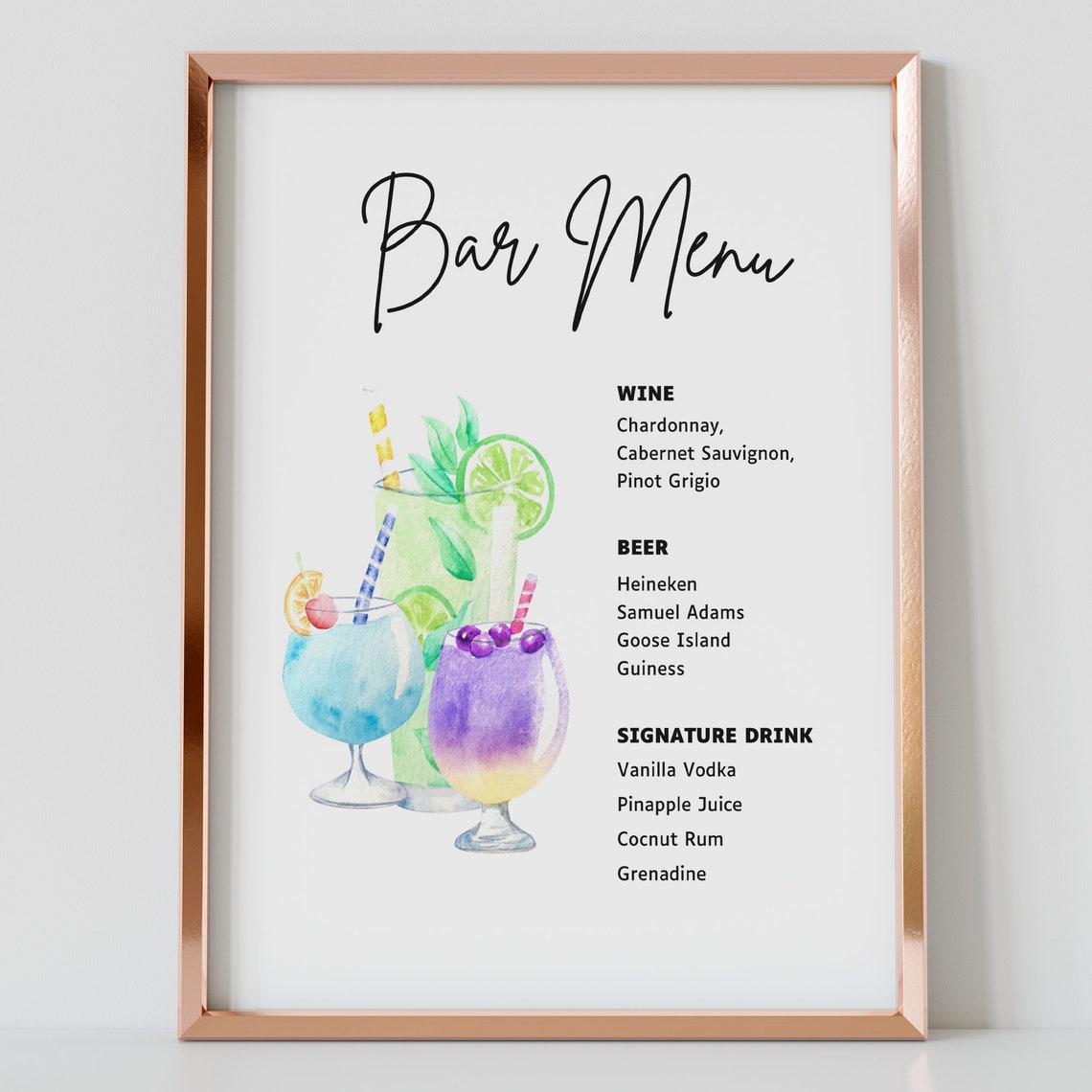 Wedding Bar Menu Sign, Printable Calligraphy Bar Menu Template, Modern ...