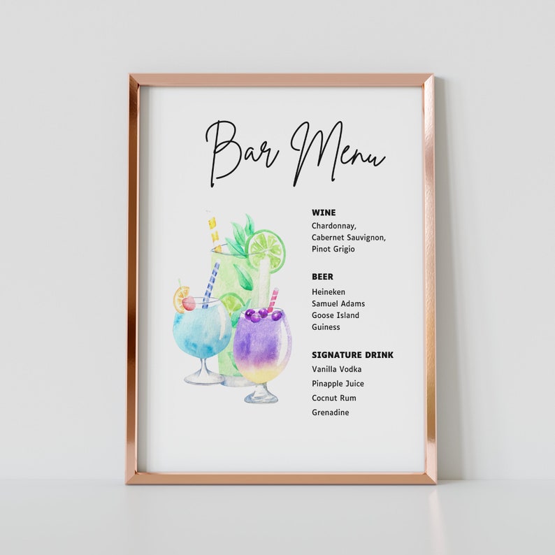 Wedding Bar Menu Sign, Printable Calligraphy Bar Menu Template, Modern ...