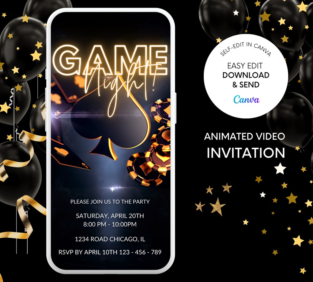 Game Night Invitation, Electronic Neon Gold Casino Invite, Family Game ...