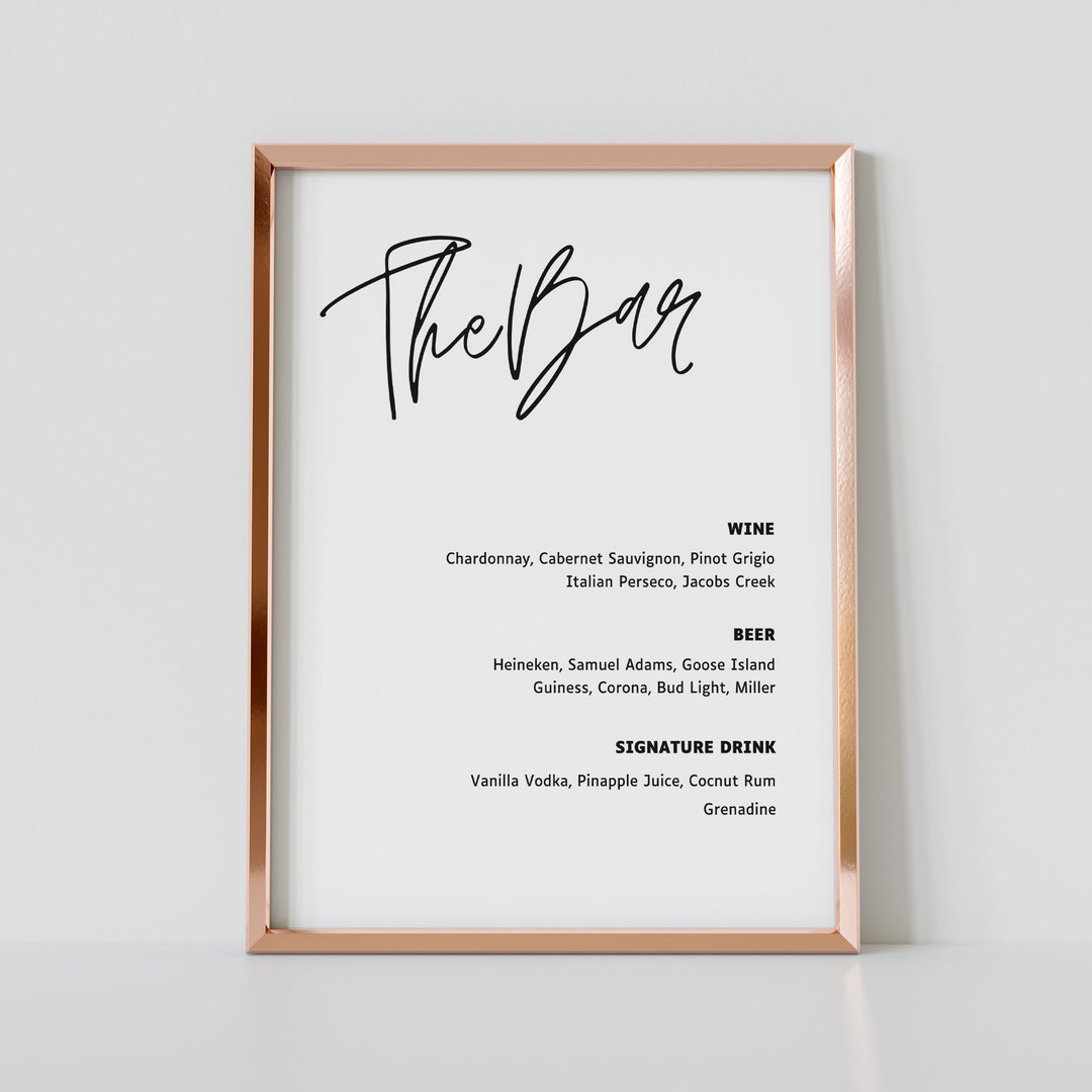 Modern Wedding Bar Menu Template | Bar Menu Sign | Printable ...