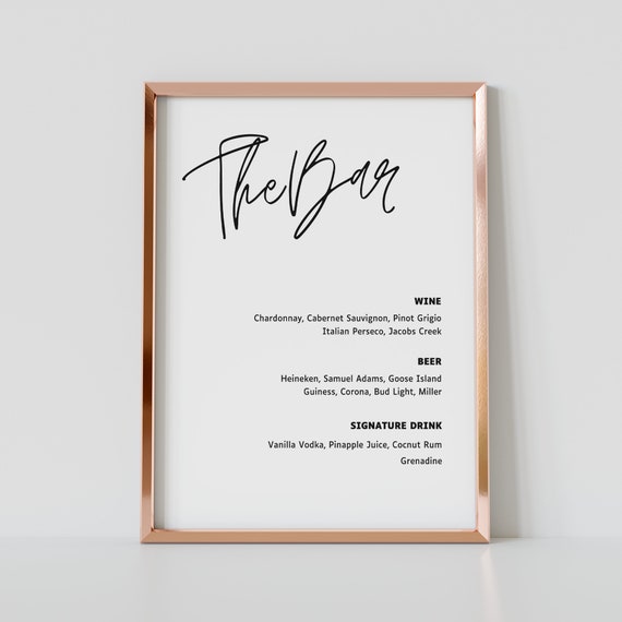 Modern Wedding Bar Menu Template Bar Menu Sign Printable | Etsy