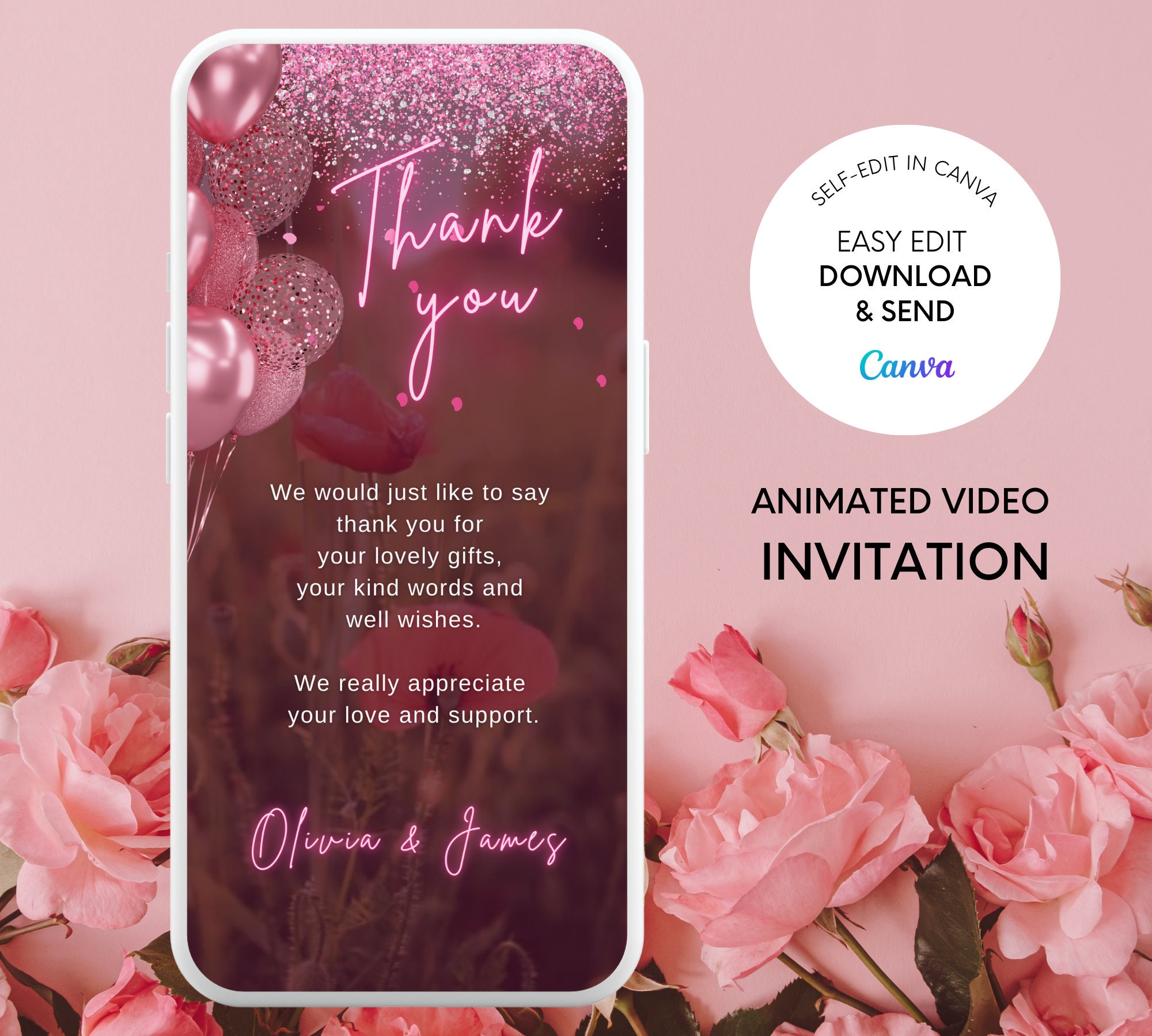 Video Digital Thank You Birthday Ecard, Pink Heart Electronic Thank You ...