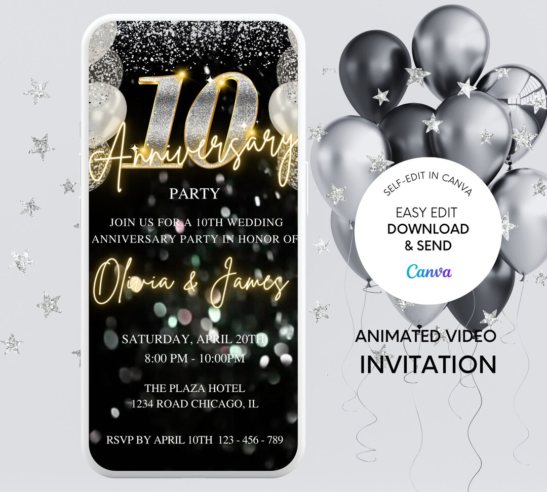 10th Anniversary Invitation, Glitter Wedding Anniversary Invite ...