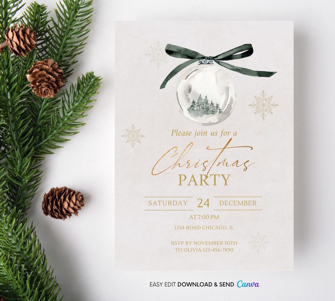 Green Christmas Party Invitation, Christmas Baubles Festive Invite ...