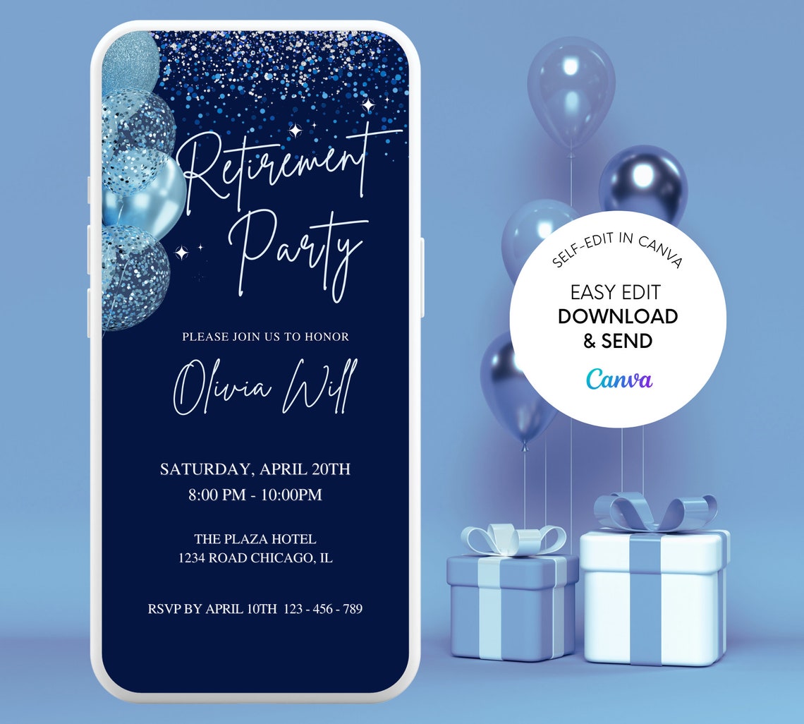 Retirement Party Video Invitation, Blue Gold Balloons Party Invite ...