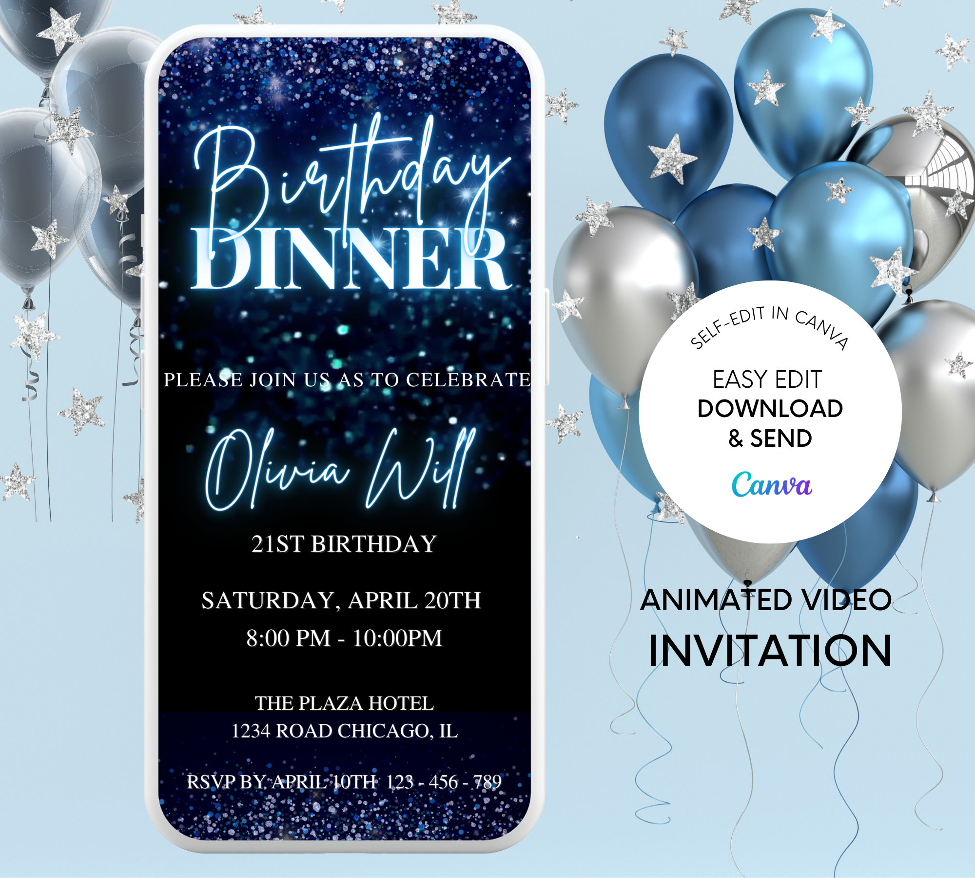 Birthday Dinner Party Invitation, Electronic Text Message Evite, Neon ...