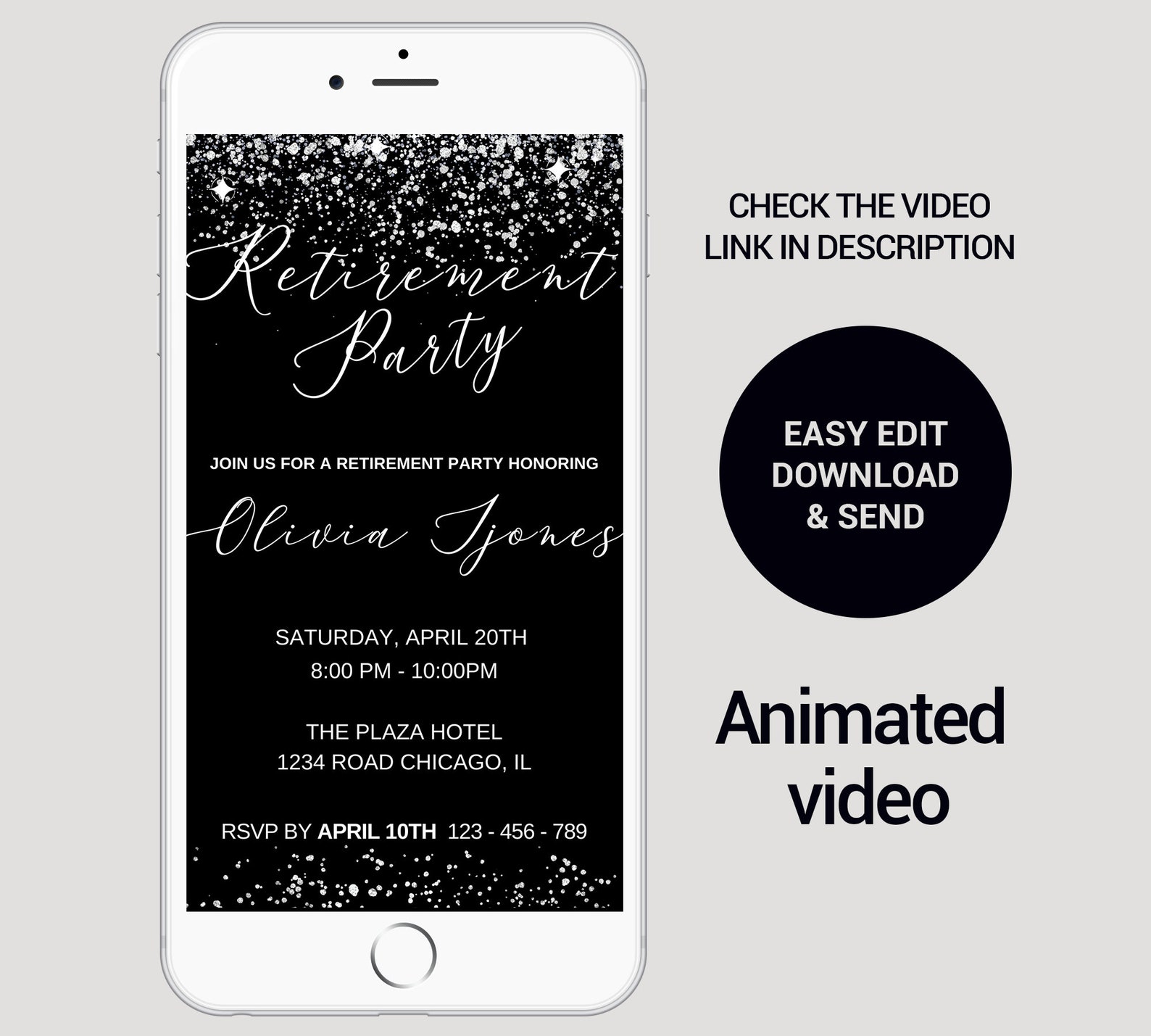 Retirement Party Video Invitation, Silver Glitter Party Invite, Mobile ...