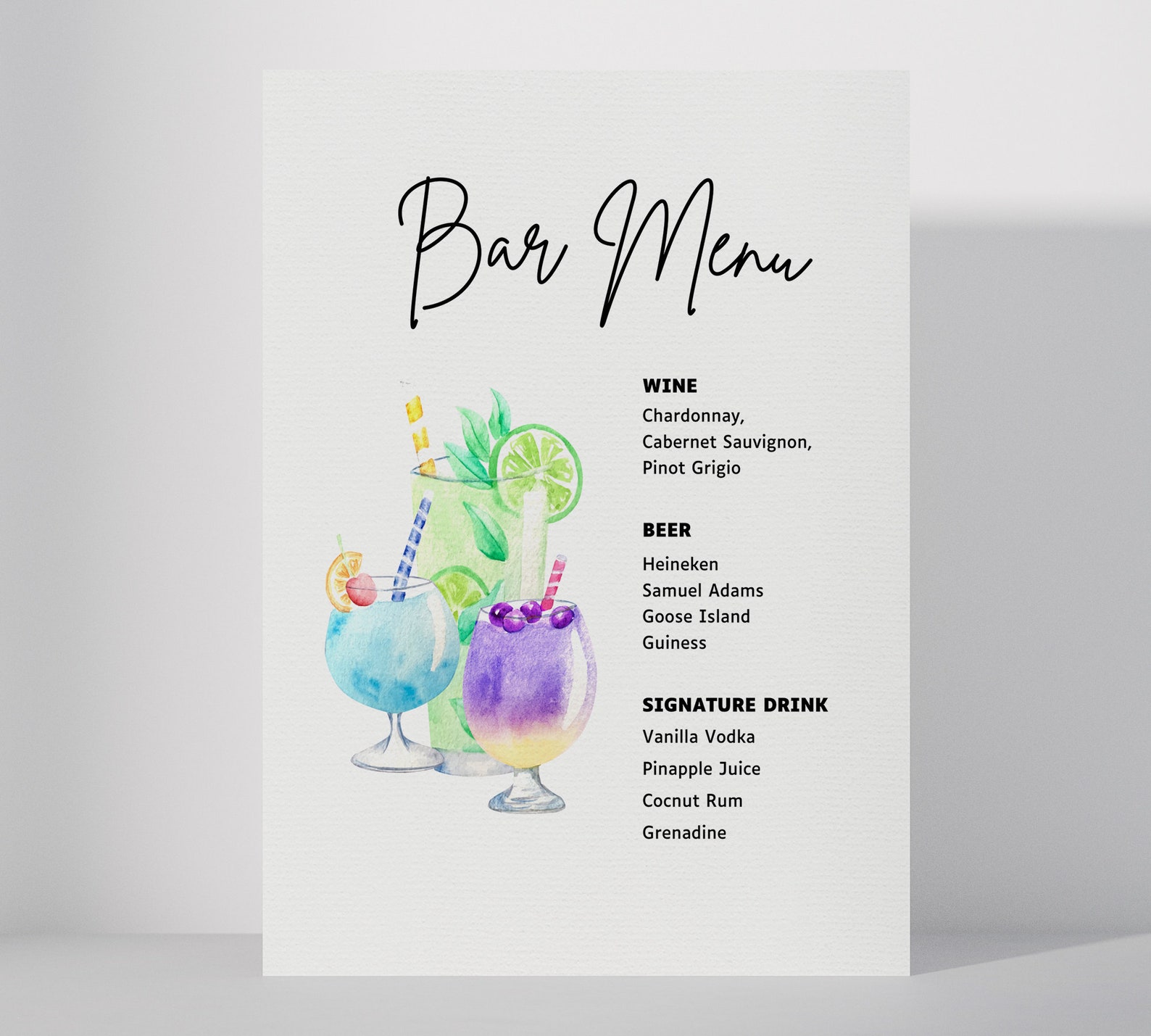 Wedding Bar Menu Sign, Printable Calligraphy Bar Menu Template, Modern ...