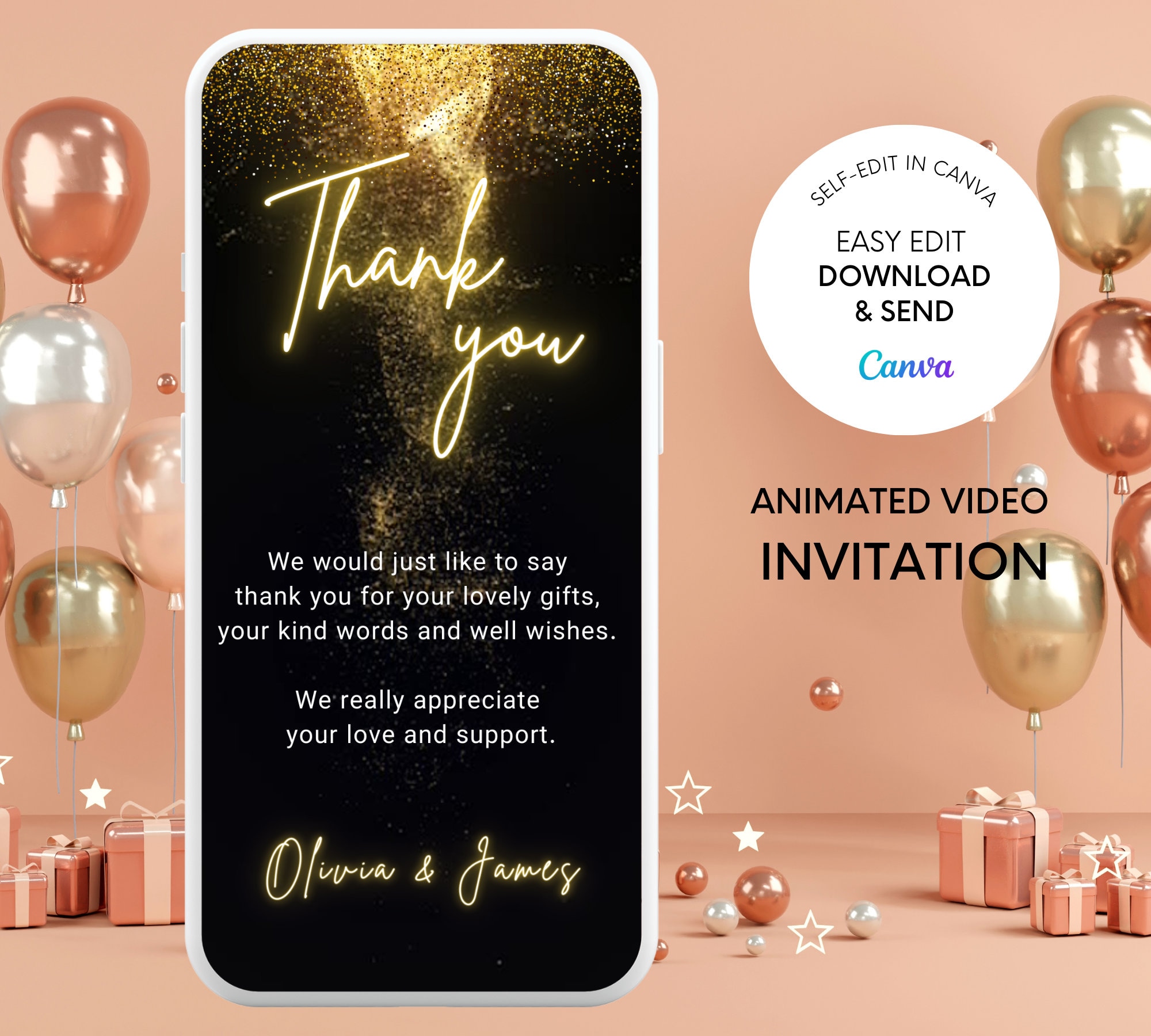 Video Thank You Card Template Digital, Gold Shiny Thank You Ecard for ...
