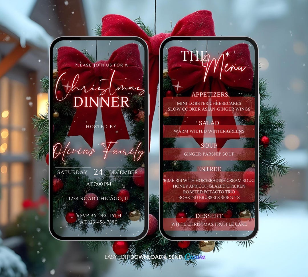 Christmas Dinner Invitation With Menu (digital Download), Holiday Party ...