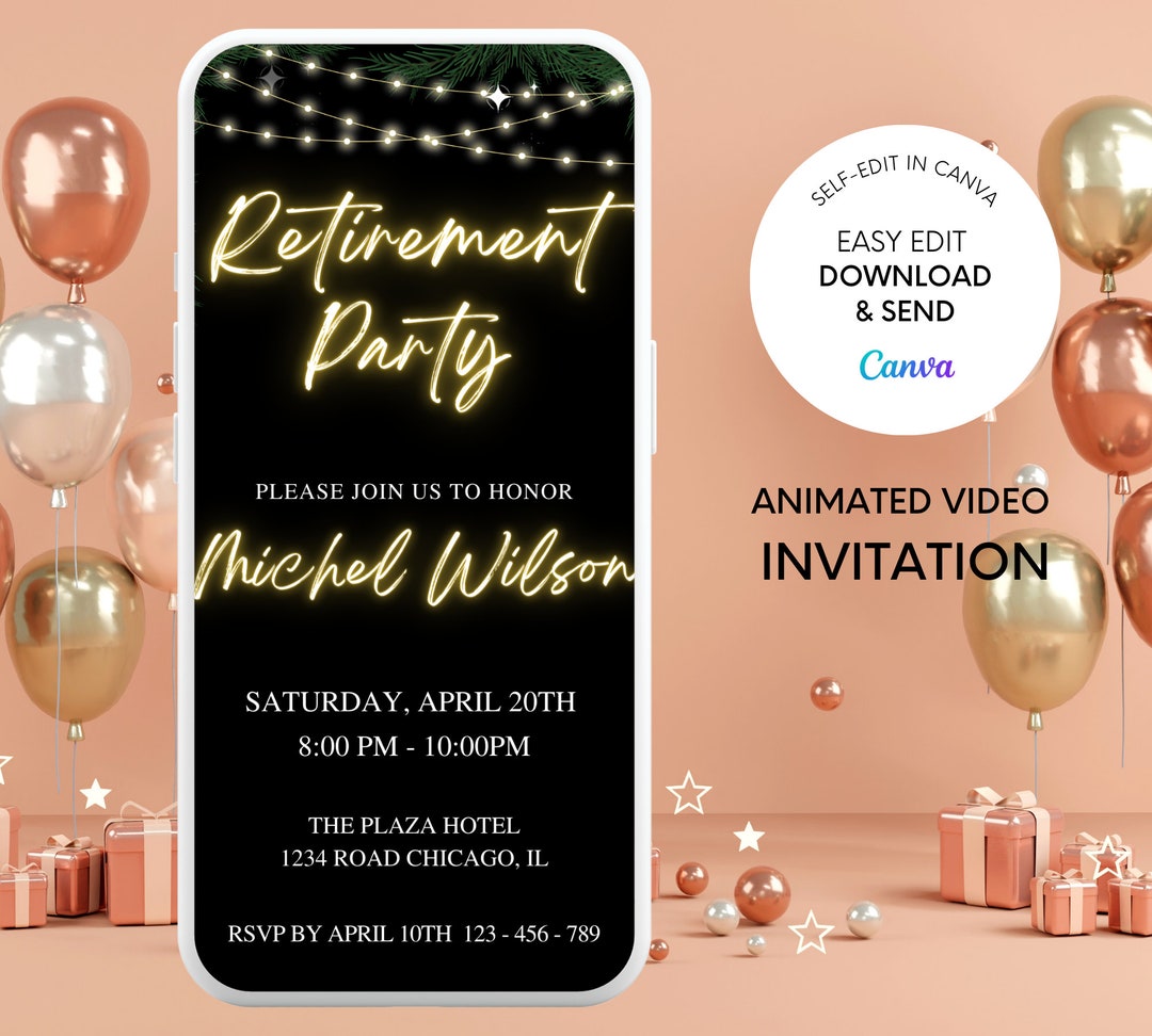 Retirement Party Invitation, Black and Gold Invite, Electronic ...