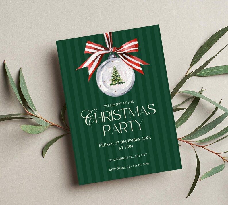 Elegant Green Christmas Party Invitation: Editable Holiday Celebration ...