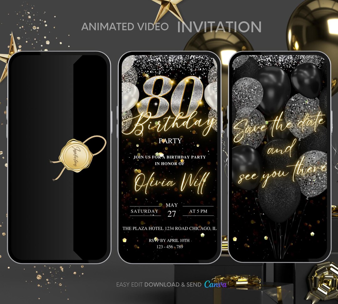 80th Birthday Invitation, Gold 80th Birthday Party Animated Invitation ...