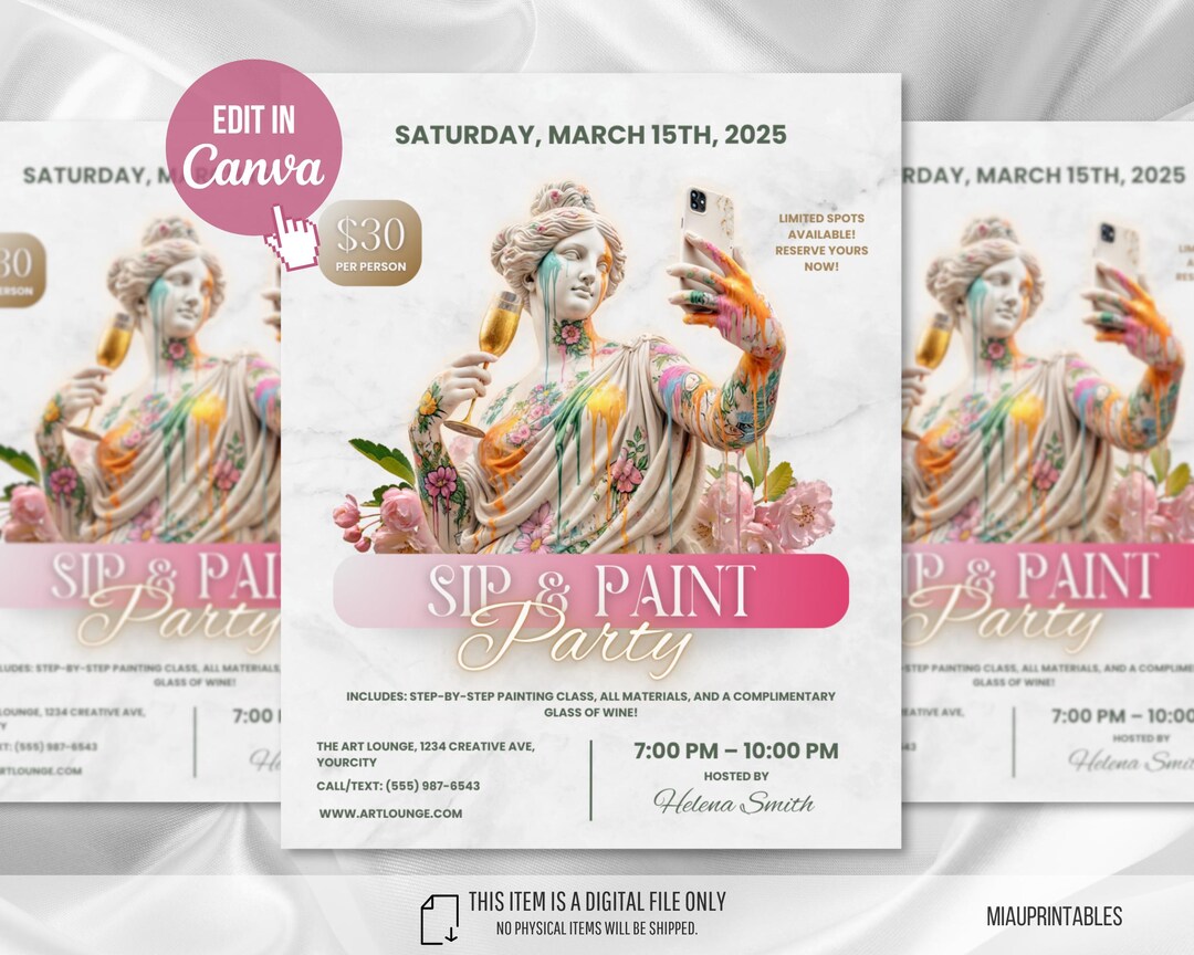 Editable Paint and Sip Party Flyer | Canva Template for Creative Events | Social Media ...
