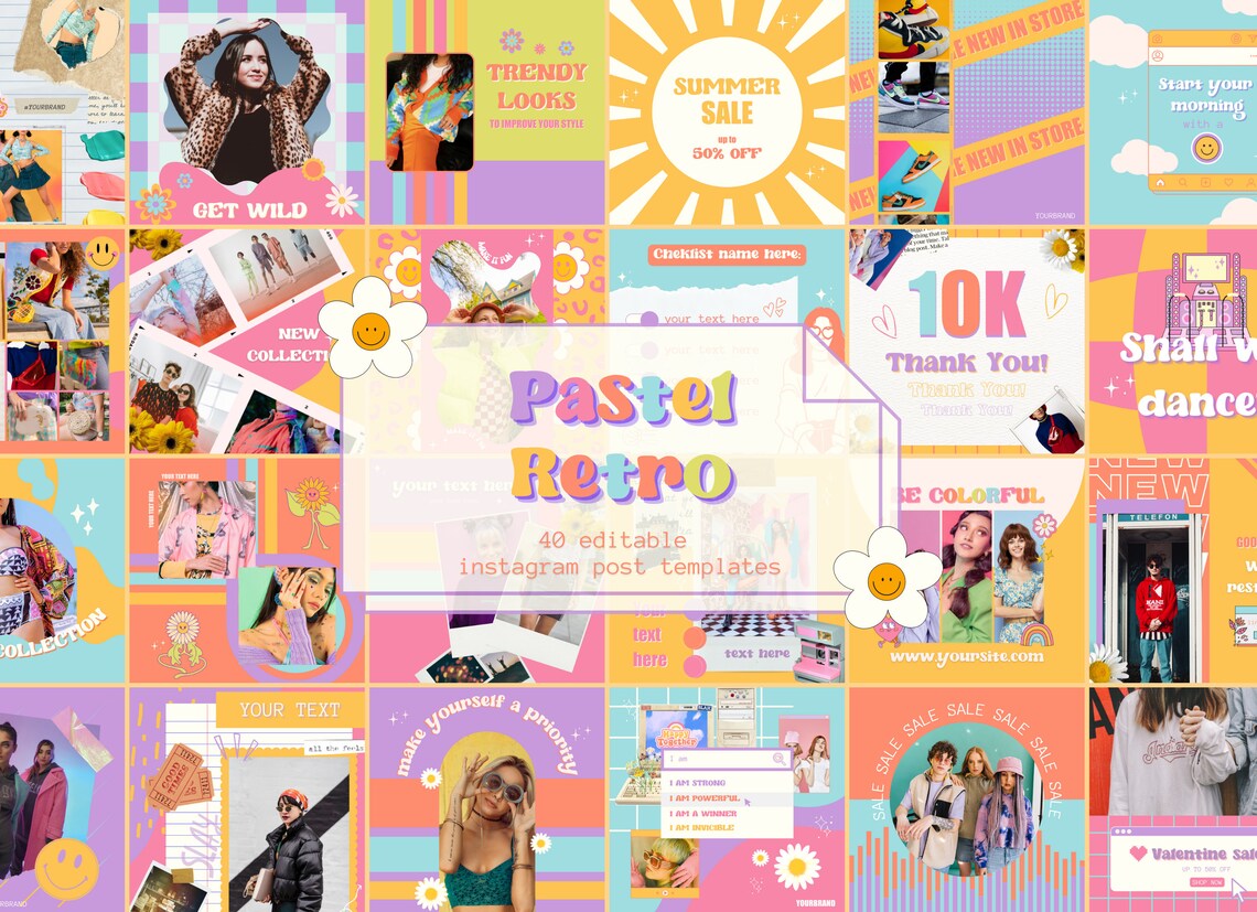 40 Retro Groovy Templates Pastel Retro Easy to edit with Canva Colorful ...