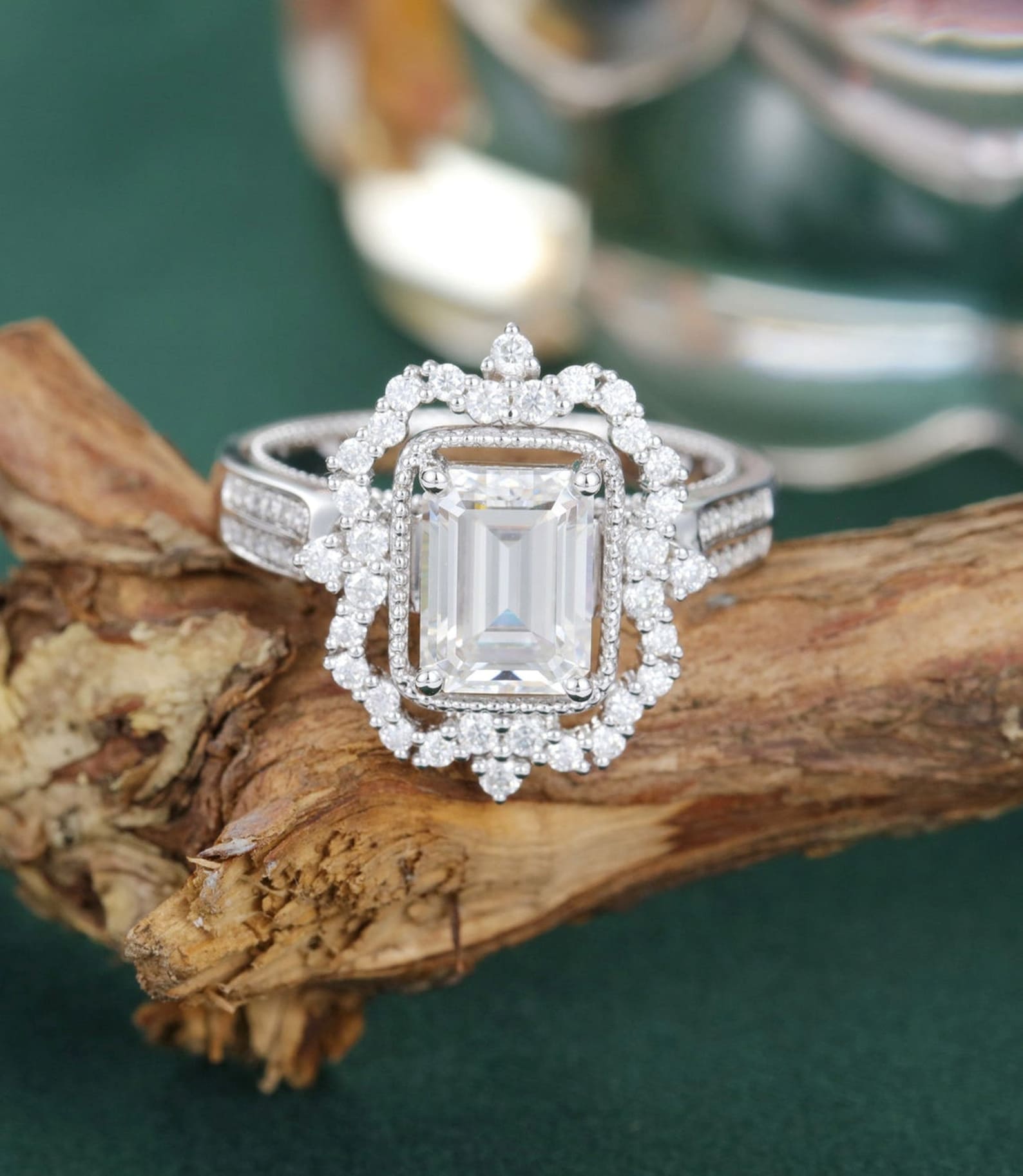 Emerald Cut Moissanite Engagement Ring Unique Engagement Etsy