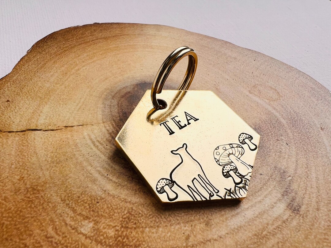 Personalised Custom Brass Hexagon Dog Pet ID Tag With Woodland Design ...