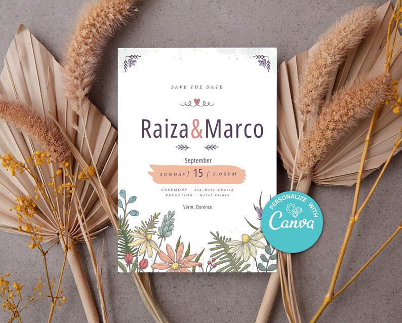 Floral Wedding Invitation Template | Editable Canva Design (digital ...