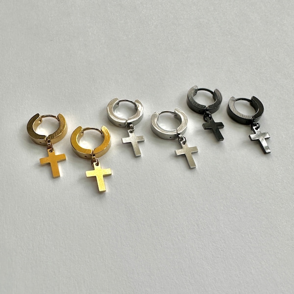 Men's Huggie Dangle Cross Earrings - Etsy