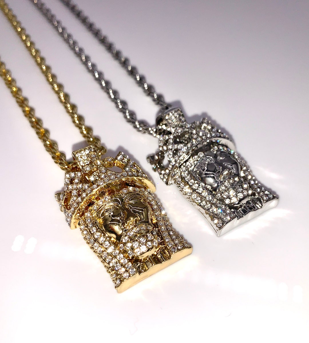 14k Gold/white Gold King Jesus CZ Diamond Iced Pendant/chain - Etsy