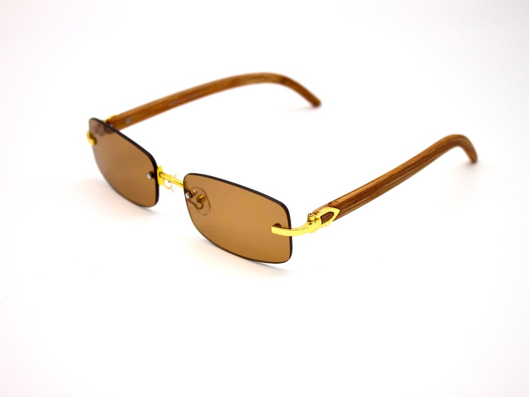 Vintage Wood Frameless Rectangular Buffs Retro Hiphop Designer Glasses ...