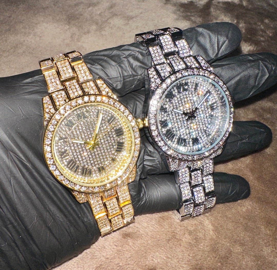18K Gold/white Gold Roman Numeral Round ICED-OUT Custom Watch - Etsy