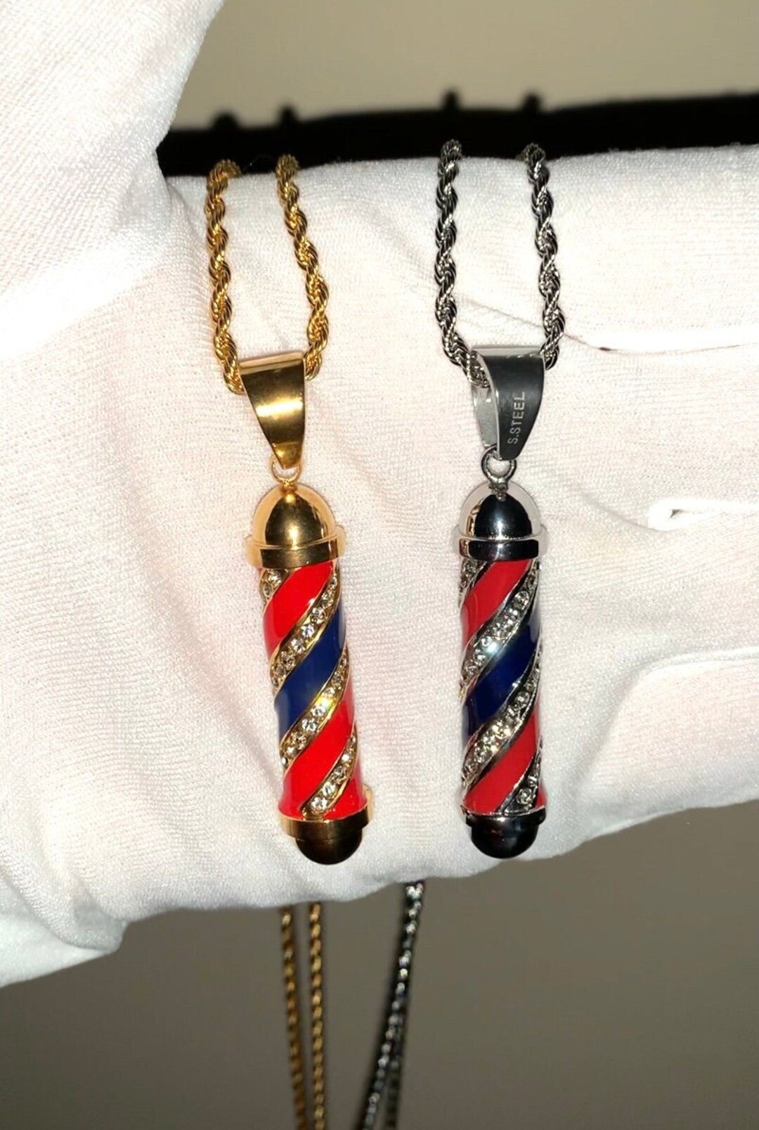 Gold/silver Barber Shop Pole Stainless Steel CZ Diamond Pendant ...