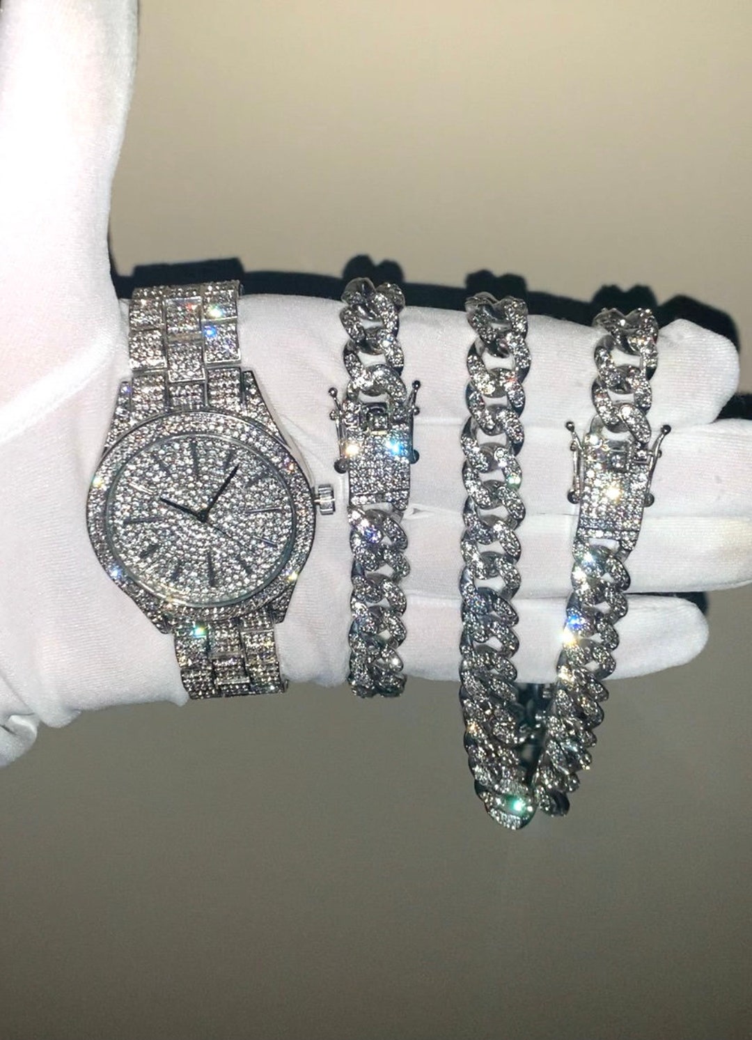 18k Gold/white Gold Hip-hop Iced Watch Bracelet Cuban Chain 3pc Set - Etsy