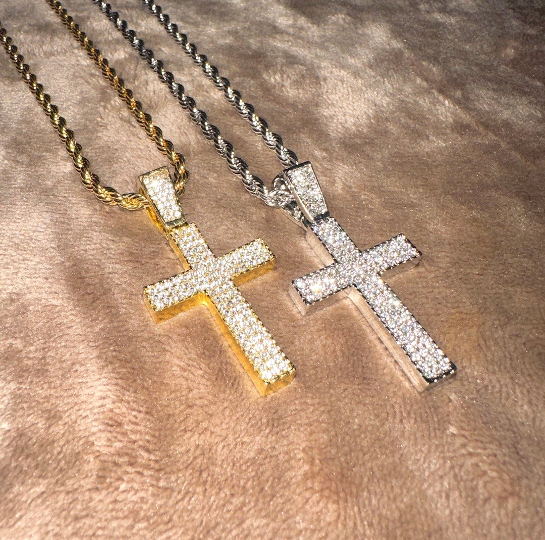 14k Gold/white Gold ICED-OUT Cross Pendant/chain - Etsy