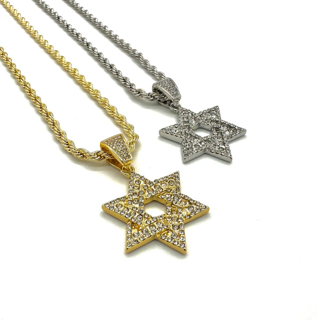 14k Gold/white Gold Six Points Star Iced Pendant/chain - Etsy