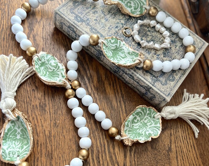Oyster Shell Garland,wood Beads,decoupage Shells, Coastal Decor, Beach ...