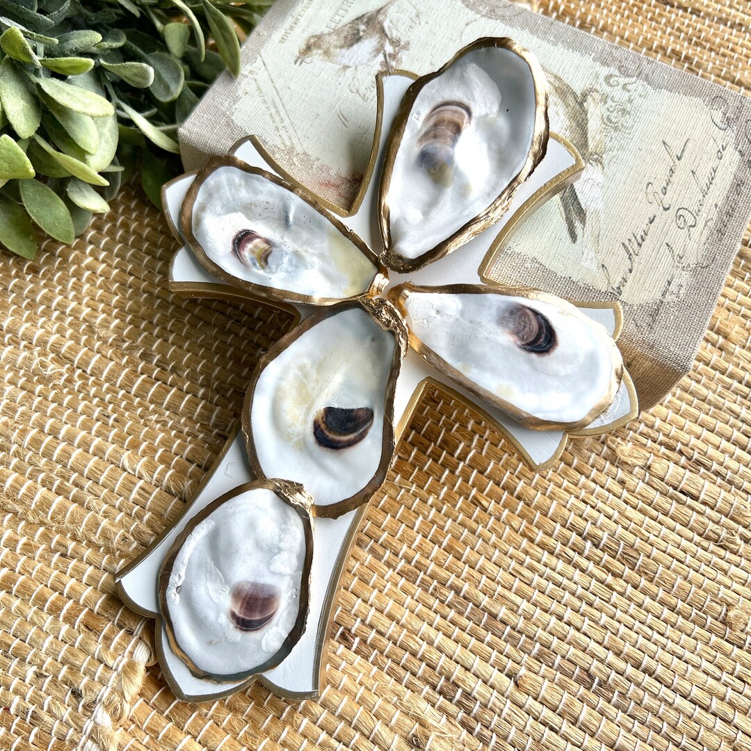 Oyster Shell Cross, Gold and White, Wood Frame, Coastal Chic, Spiritual ...