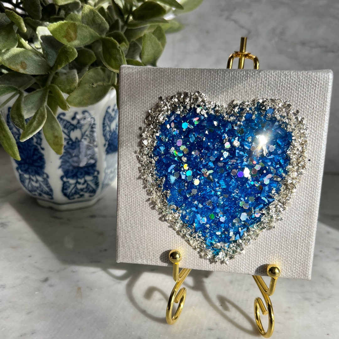 Crushed Glass Art Heart Canvas Crushed Glass Resin Glass Etsy