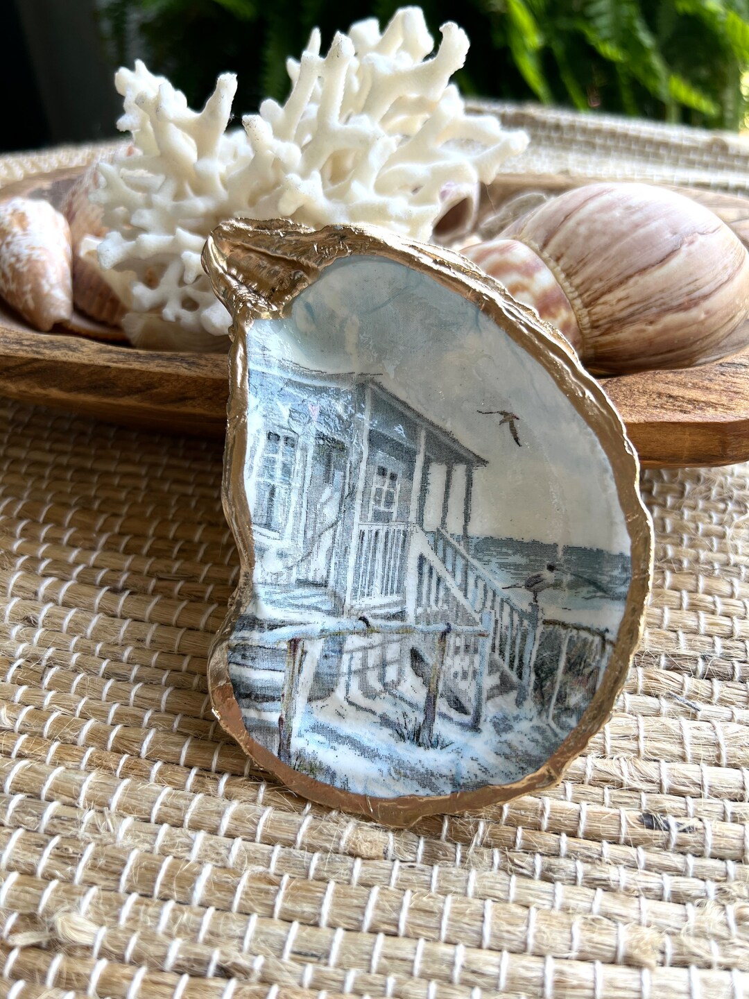 Oyster Shell Ring Dish, Decoupage Shell Dish,beach Decor,beach Scene ...