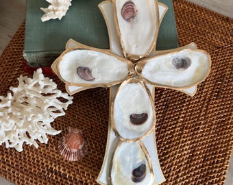 Oyster Shell Cross, Gold and White, Wood Frame, Coastal Chic, Spiritual ...