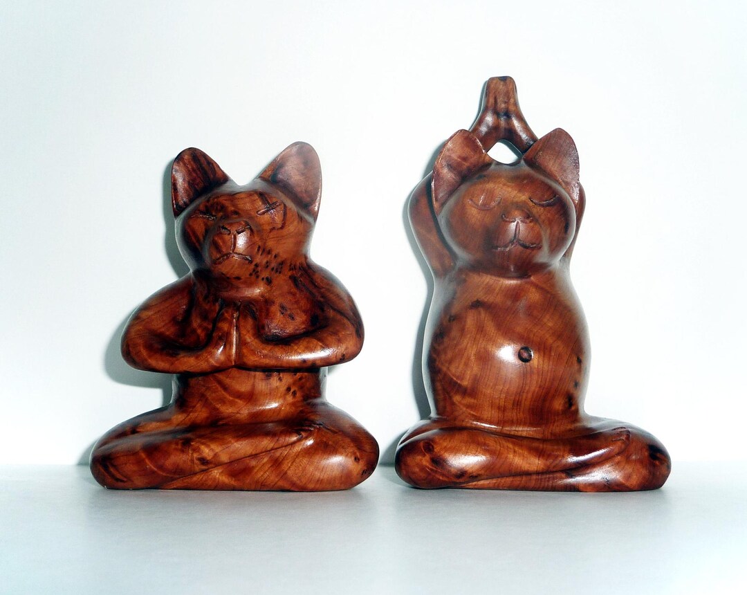 Handcrafted Wooden Cat Statue: Meditation Sculpture & Yoga Gift for ...