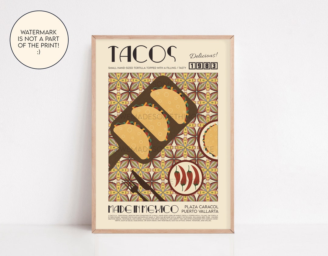 Taco Poster, Food Print, Modern Kitchen Decor, Illustration, Mexican ...