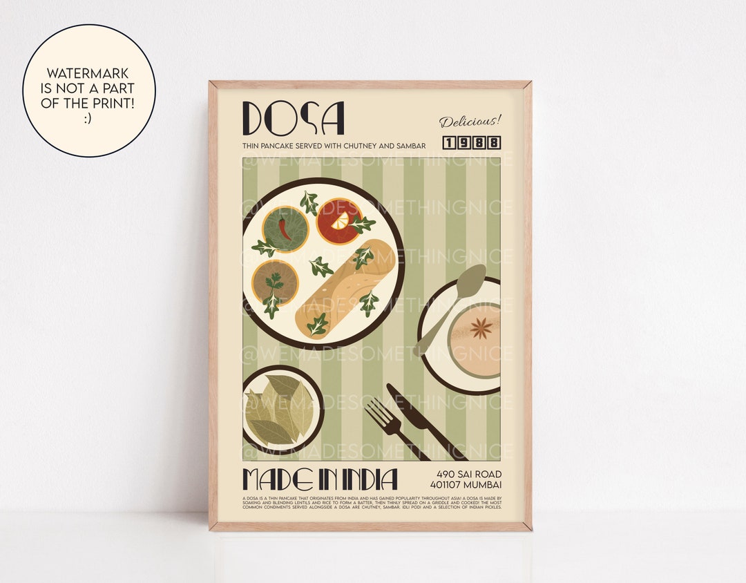 Dosa Poster, Food Print, Modern Kitchen Decor, Travel Poster, Kitchen ...
