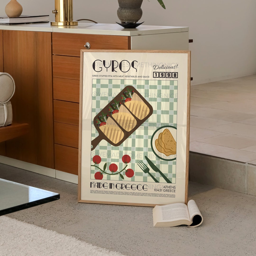 Gyros Print, Greece Poster, French Retro, Kitchen Decor, Food Art, Mid ...