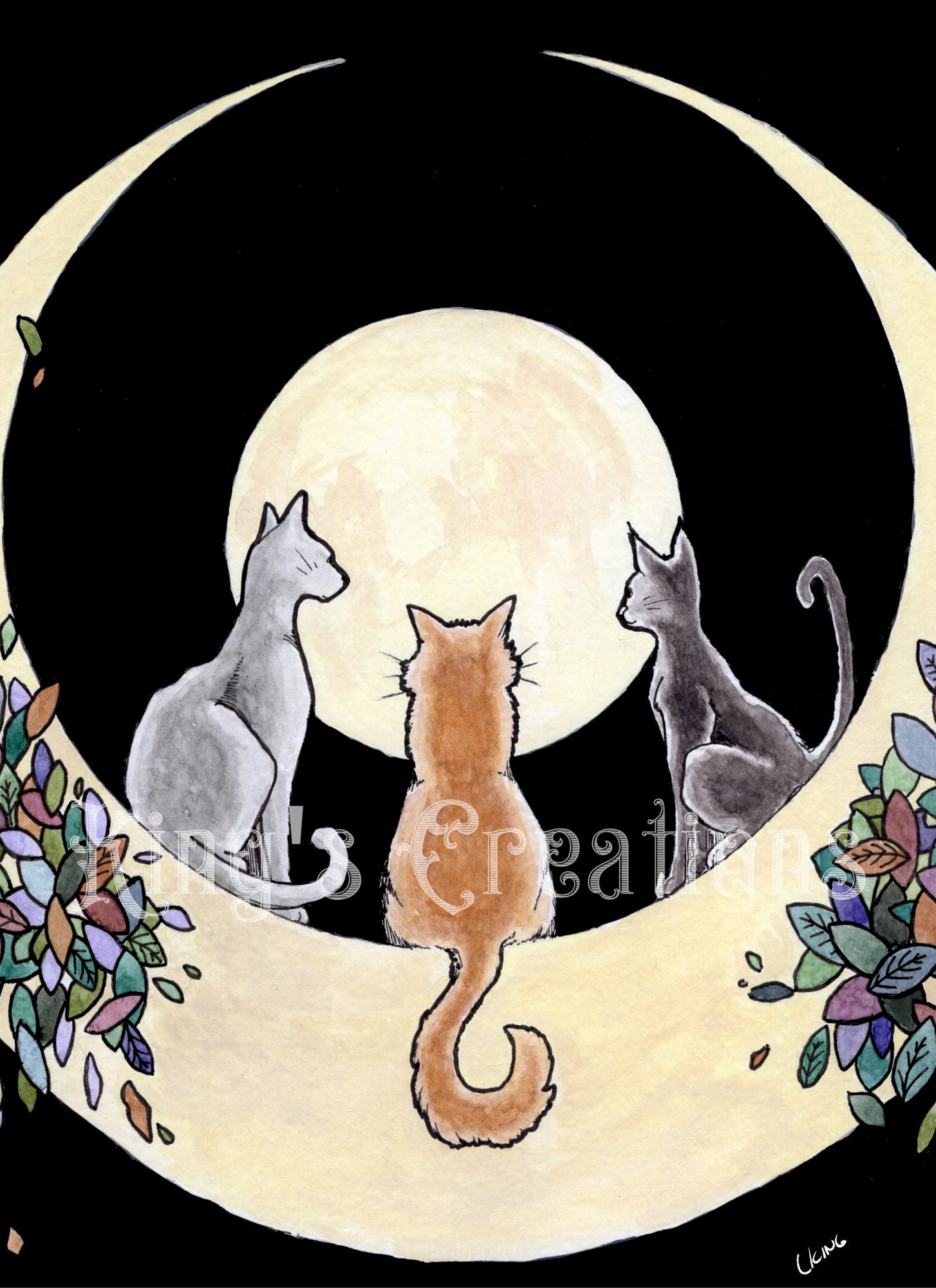 Three Cat Moon. Cat Print Wall Art of Original Watercolor Cat - Etsy