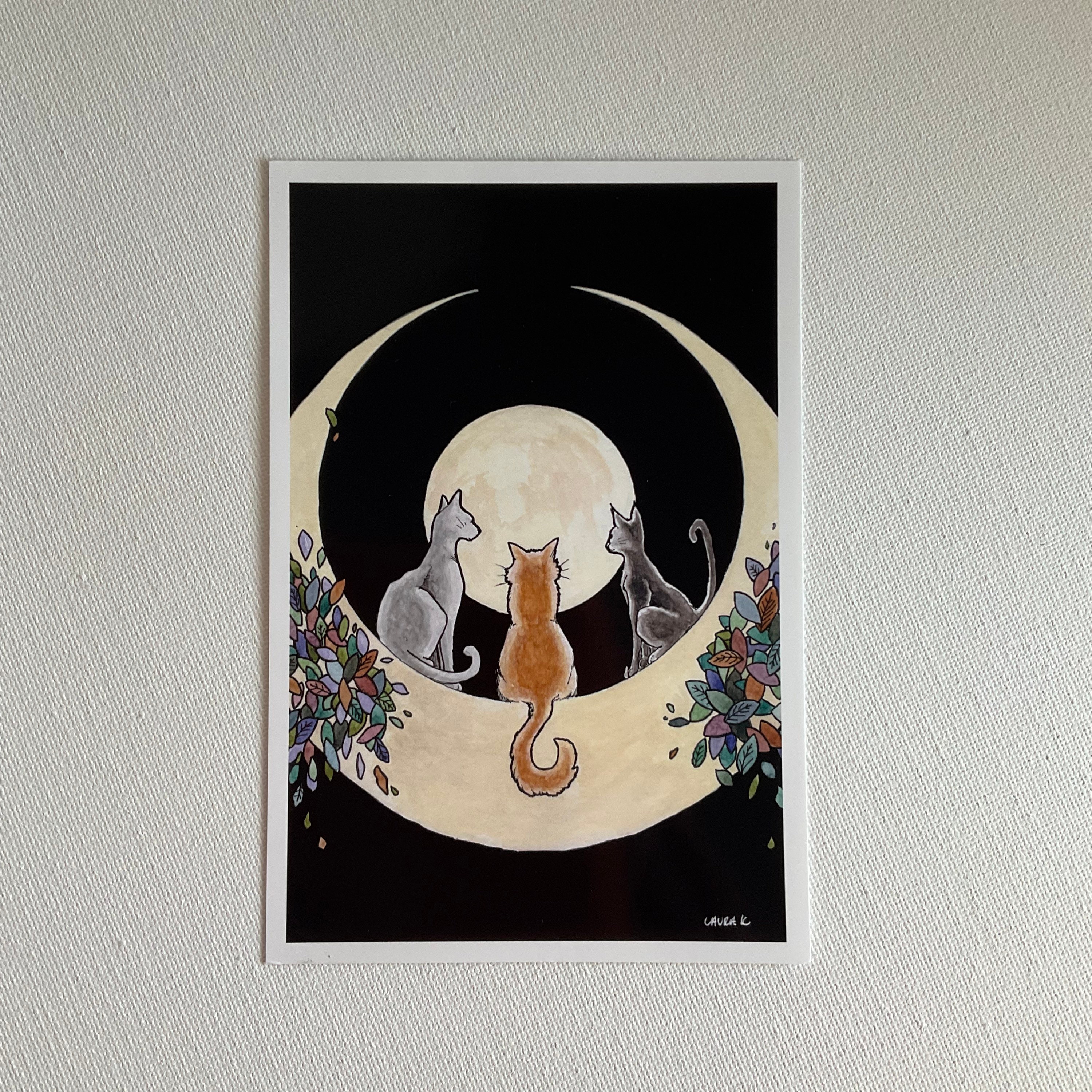 Three Cat Moon. Cat Print Wall Art of Original Watercolor Cat - Etsy