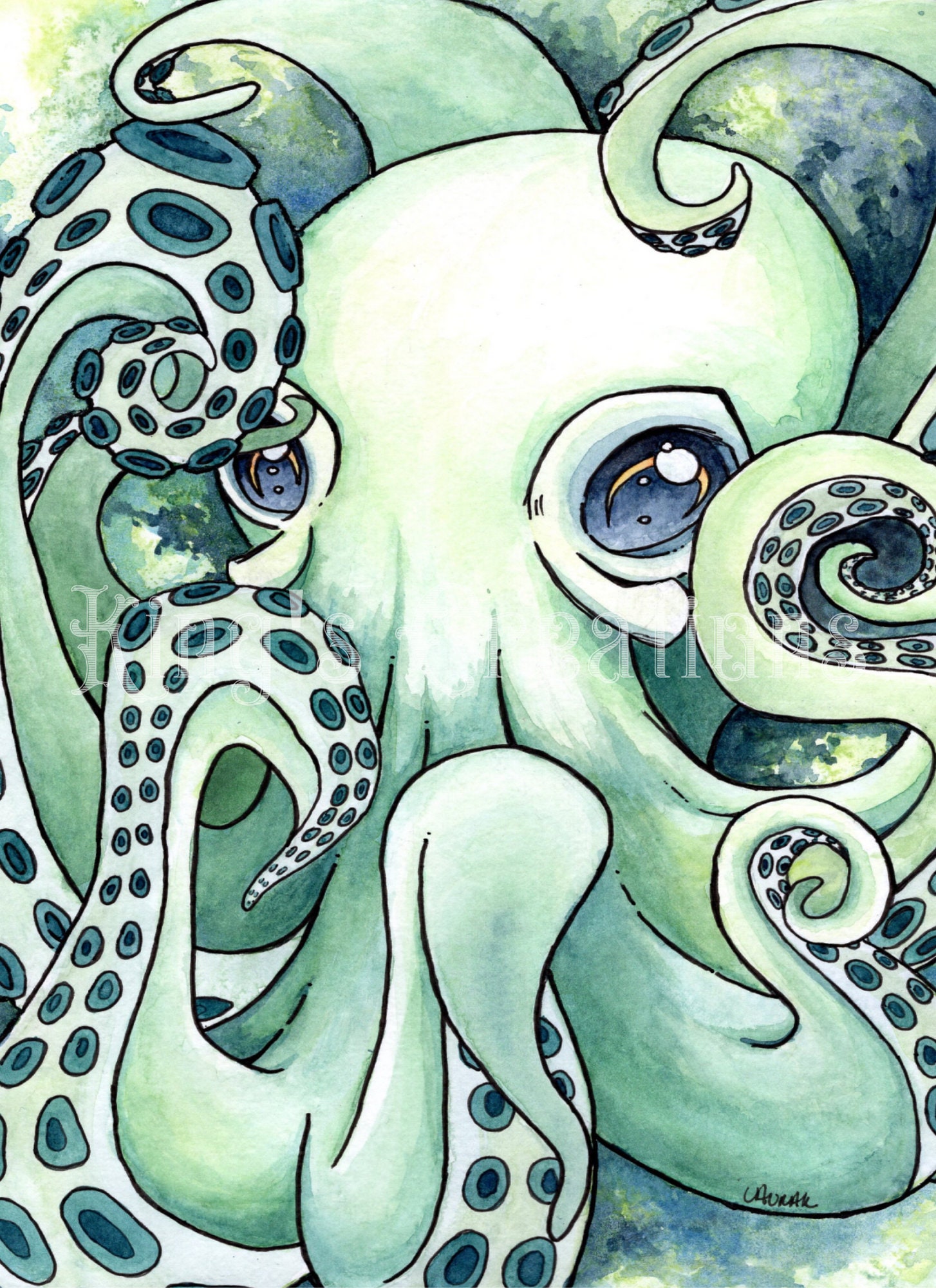 Green Octopus Watercolor Art Print, Ocean Art, Aquatic Wall Decor ...