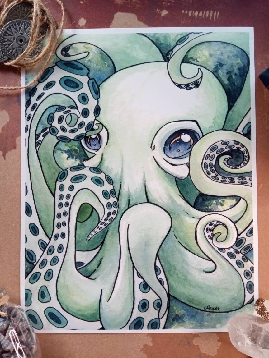 Green octopus watercolor art print ocean art aquatic wall | Etsy