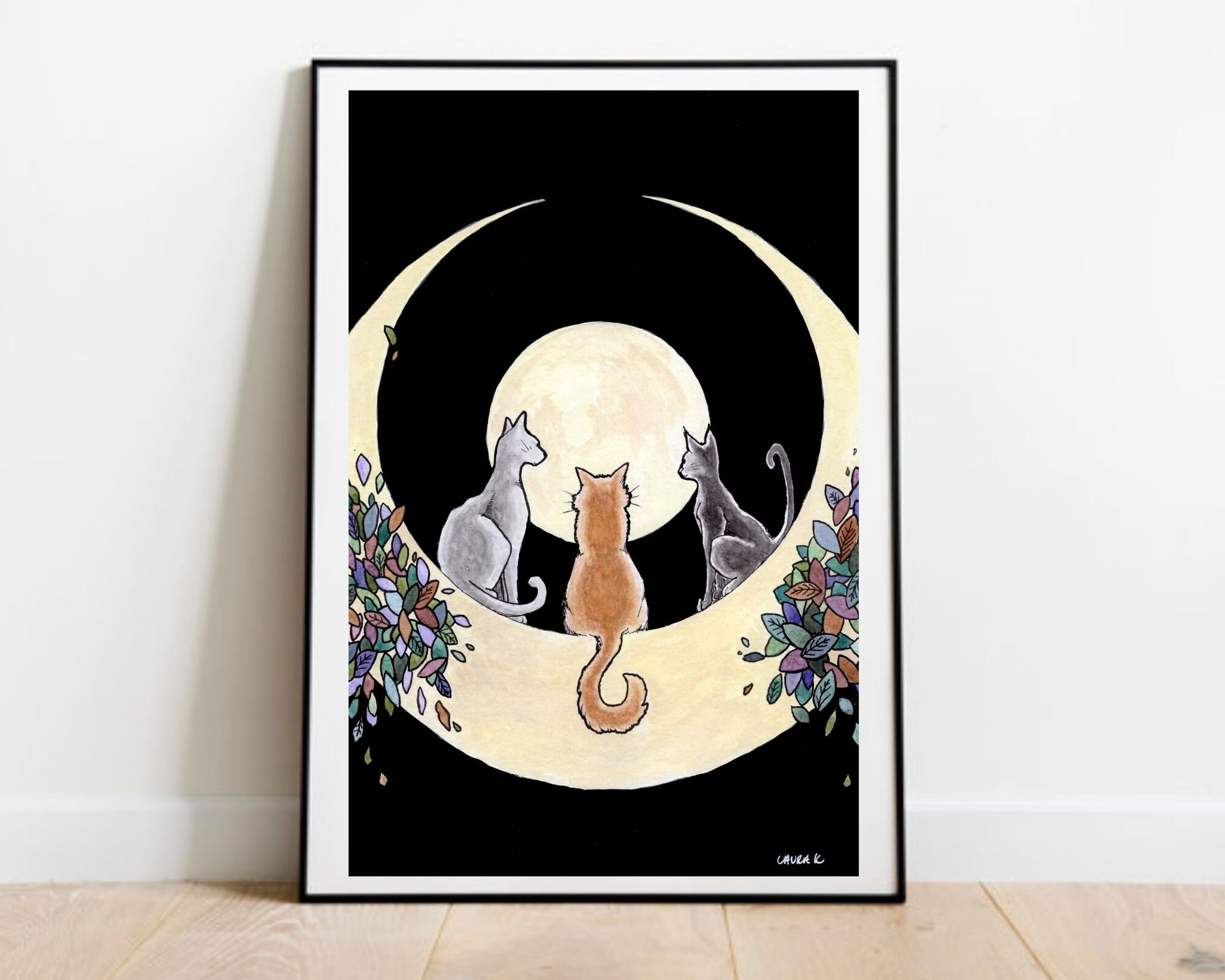 Three Cat Moon. Cat Print Wall Art of Original Watercolor Cat - Etsy