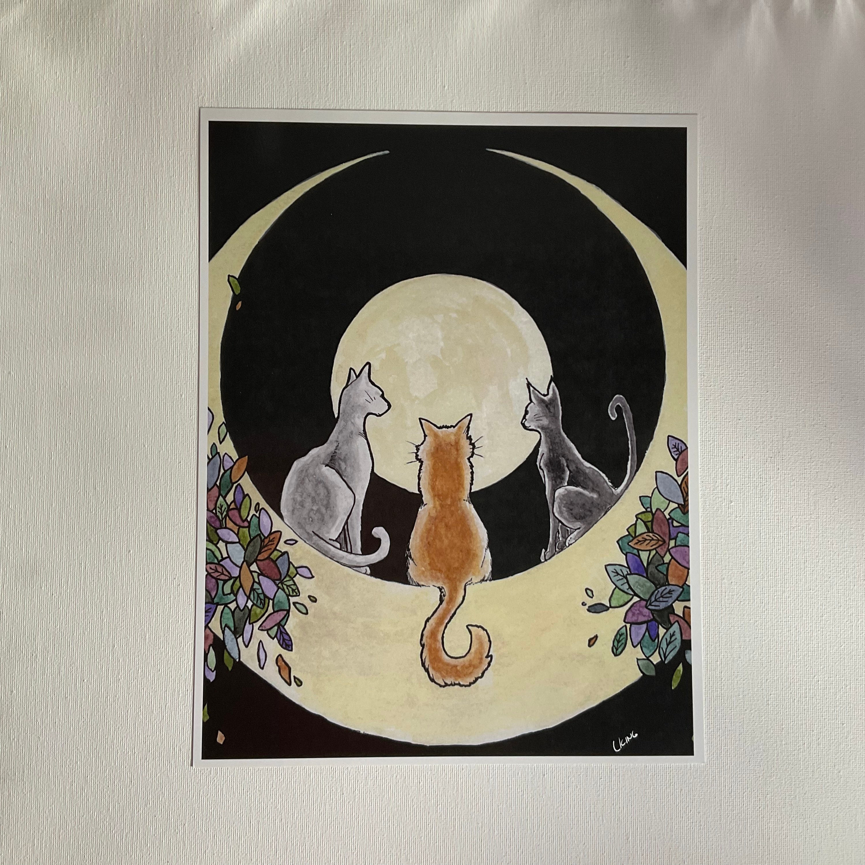 Three Cat Moon. Cat Print Wall Art of Original Watercolor Cat - Etsy