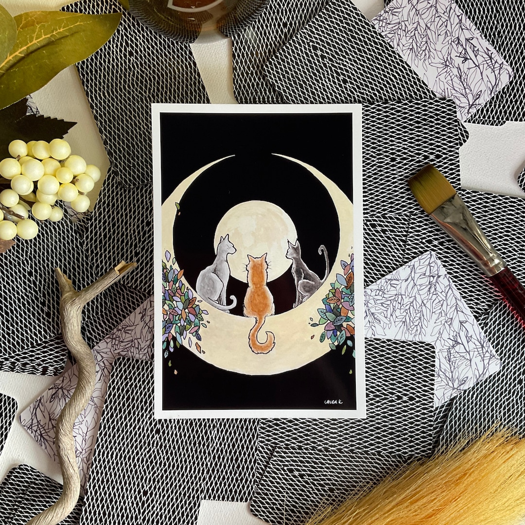 Three Cat Moon. Cat Print Wall Art of Original Watercolor, Cat Moon Art ...