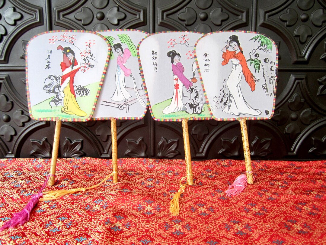 Vintage Chinese Faux Silk Paddle Fans x4 With Bamboo Handles, Oriental ...