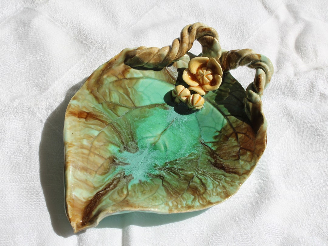 Vintage Signed Studio Pottery Leaf Dish: Green & Brown Art - Etsy