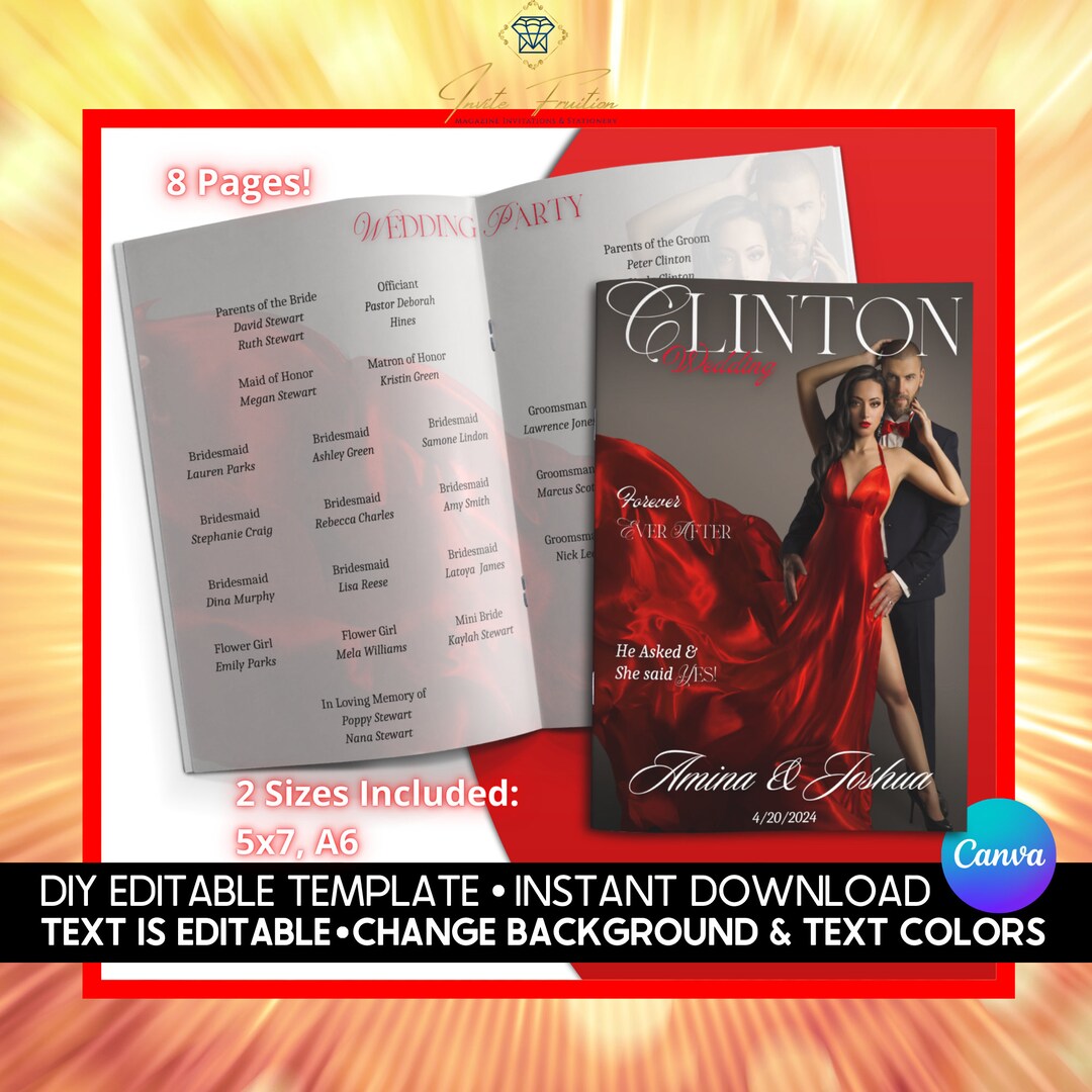 Wedding Program Magazine Template: 8 Page Photo Booklet (canva Editable ...
